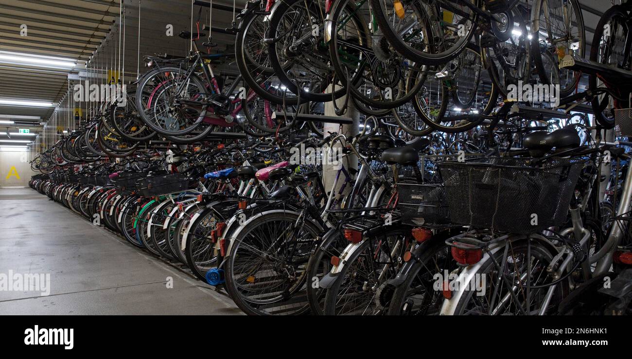 Very many bikes in the bike parking garage of the bike station at the ...