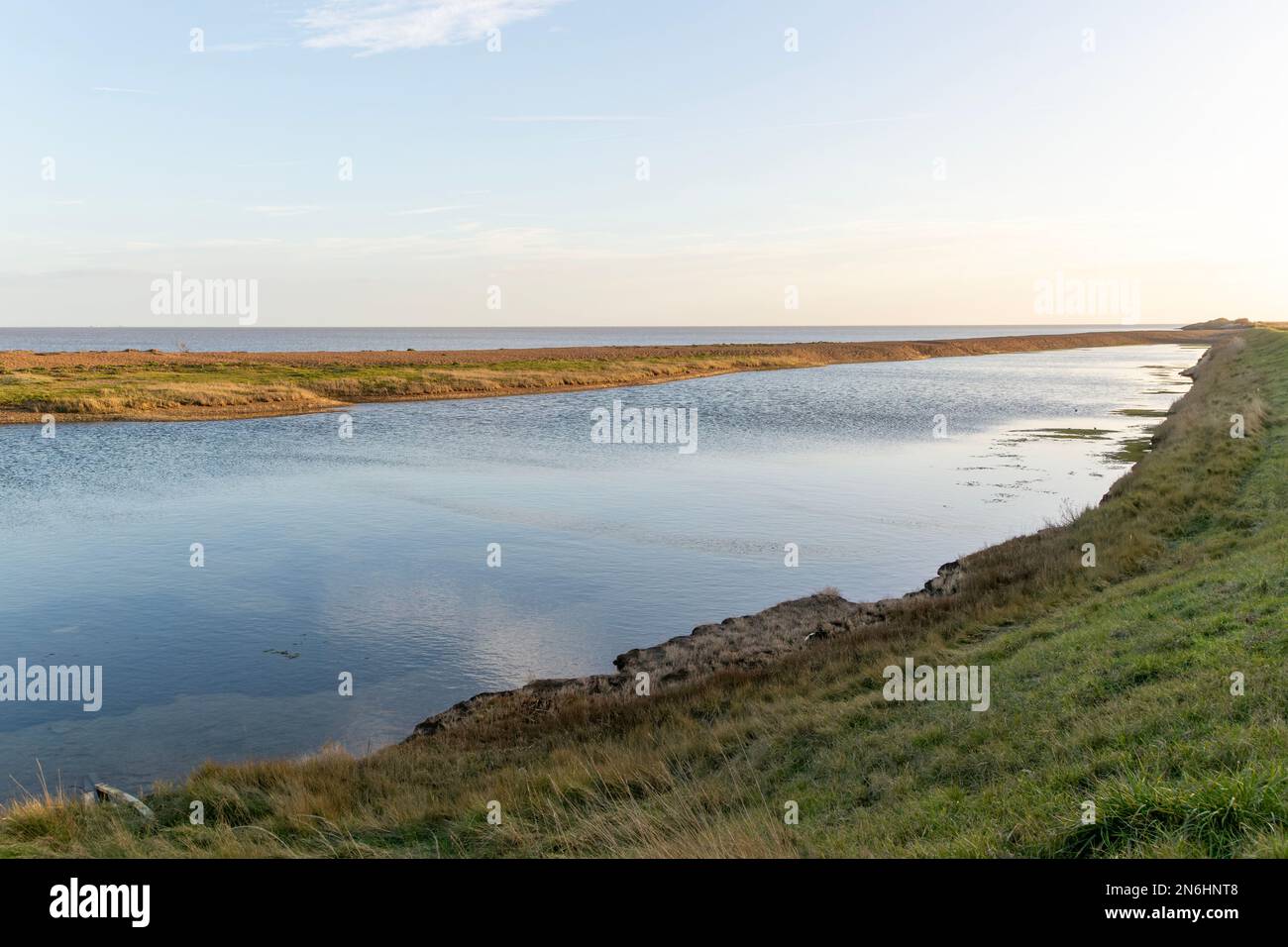 Bay bar and lagoon on North Sea coast, East Lane, Bawdsey, Suffolk ...