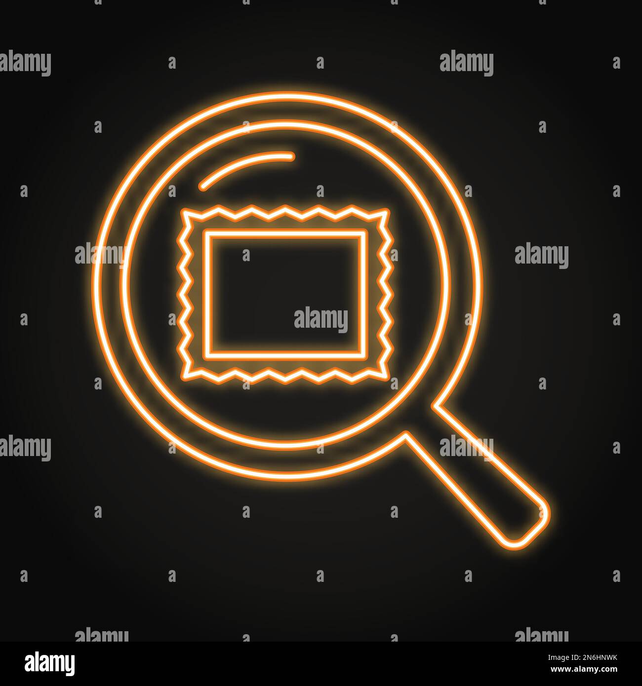 Neon postal stamp under magnifying glass icon in line style. Vector ...