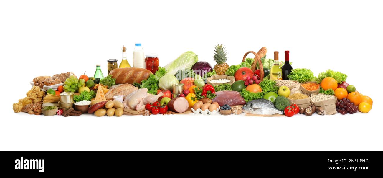 Different products on white background. Healthy food and balanced diet ...