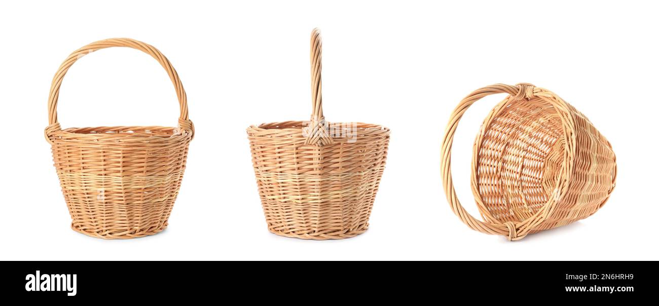Set with empty wicker baskets on white background, banner design Stock ...