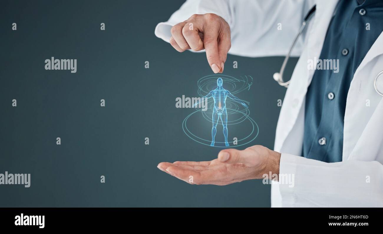 Healthcare, body and doctor hands with a hologram for anatomy, science ...