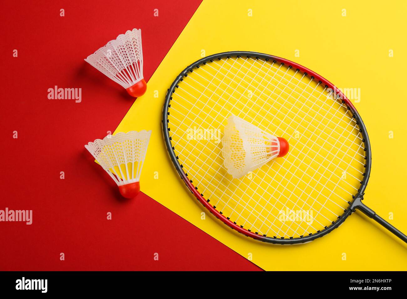 Badminton racket and shuttlecocks on color background, flat lay Stock ...