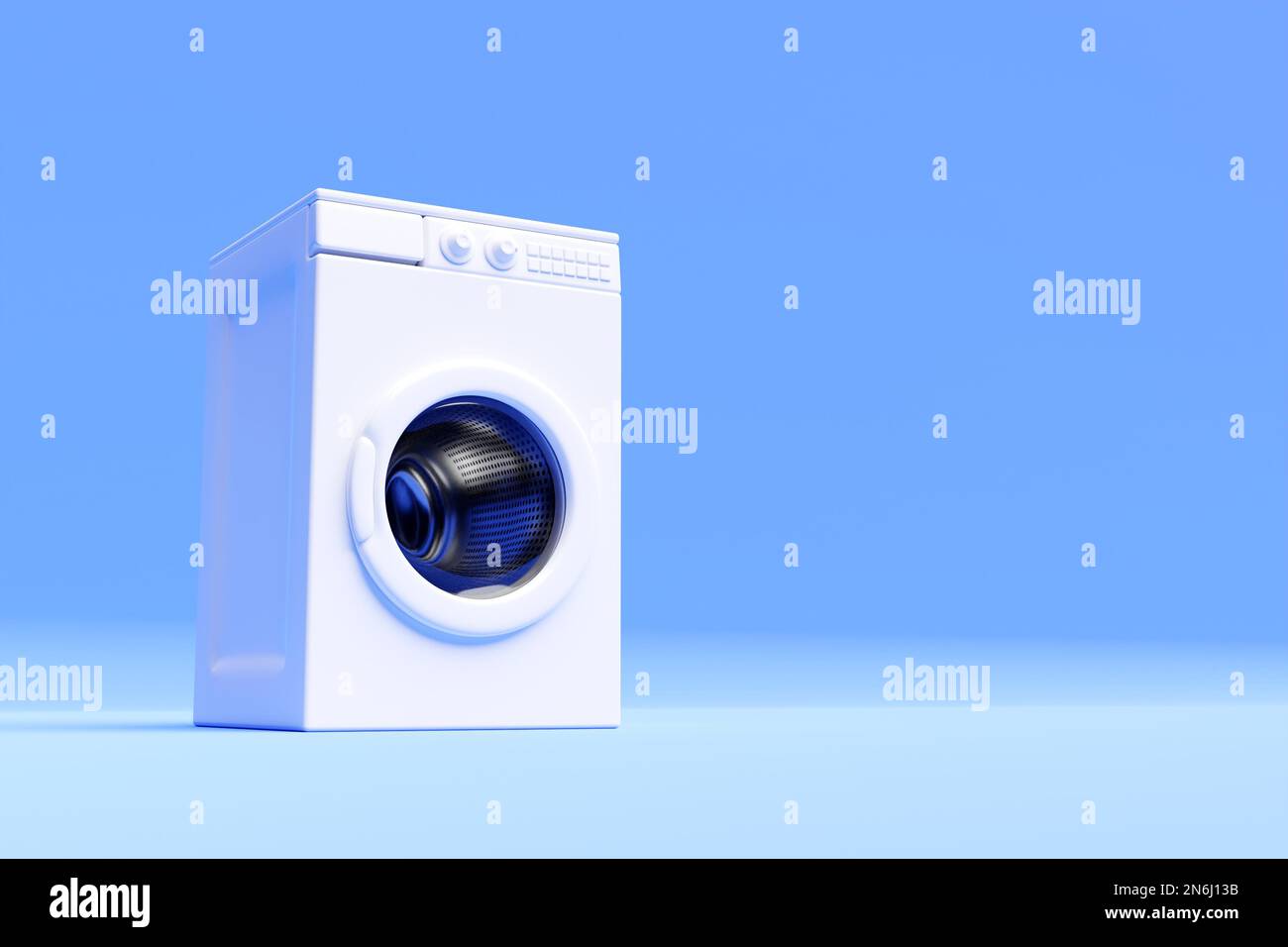 Realistic mockup of a washing machine on a blue background. 3d laundry ...