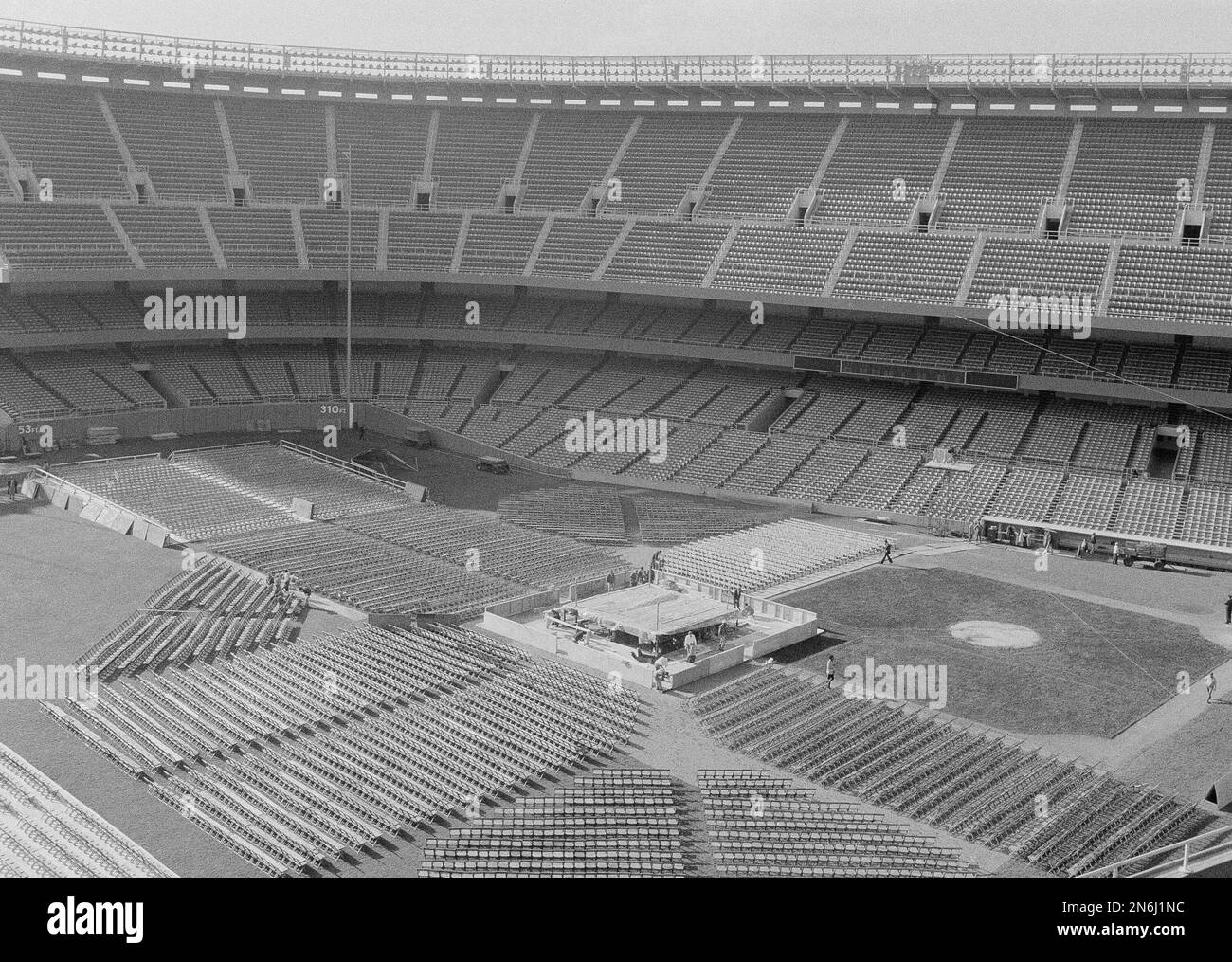 This is a general view of construction on the boxing ring and seats at ...