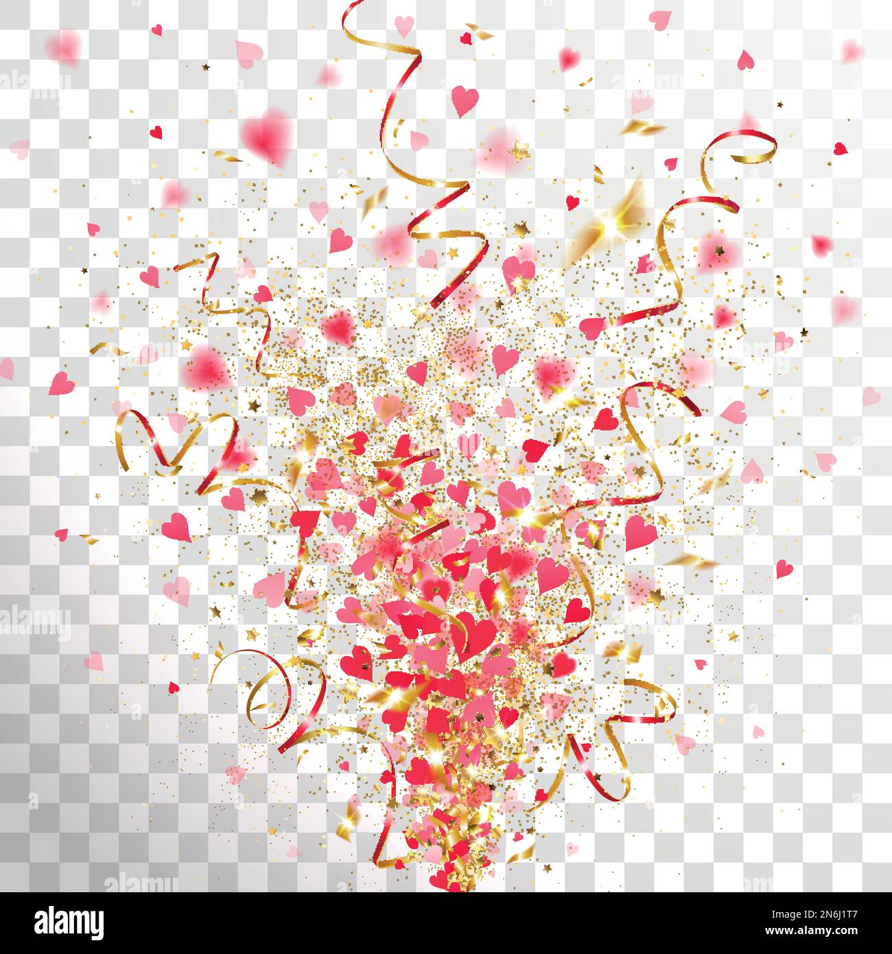 golden confetti explosion with red love hearts on transparent ...