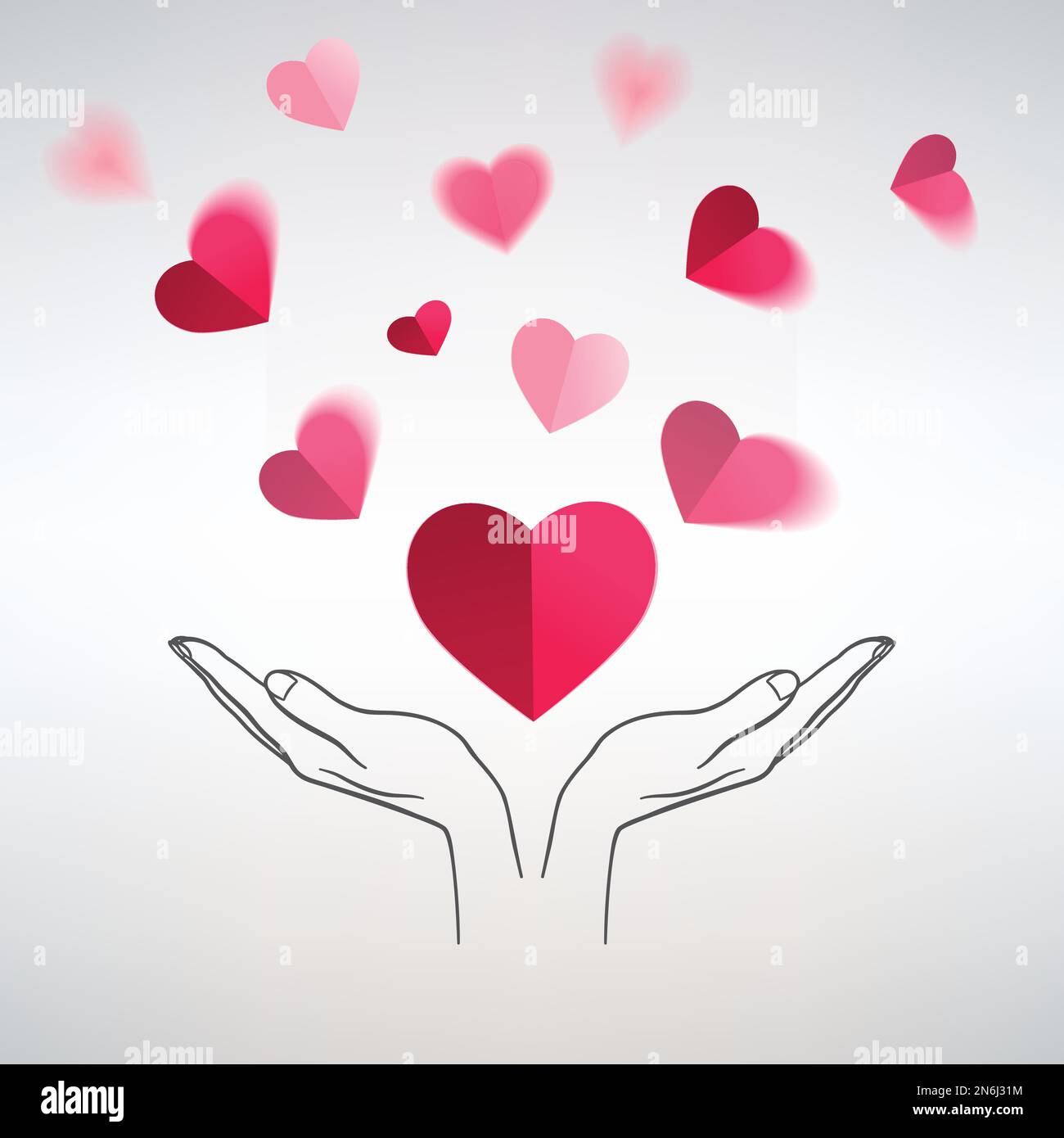 open hands release confetti of red hearts on a light background Stock ...