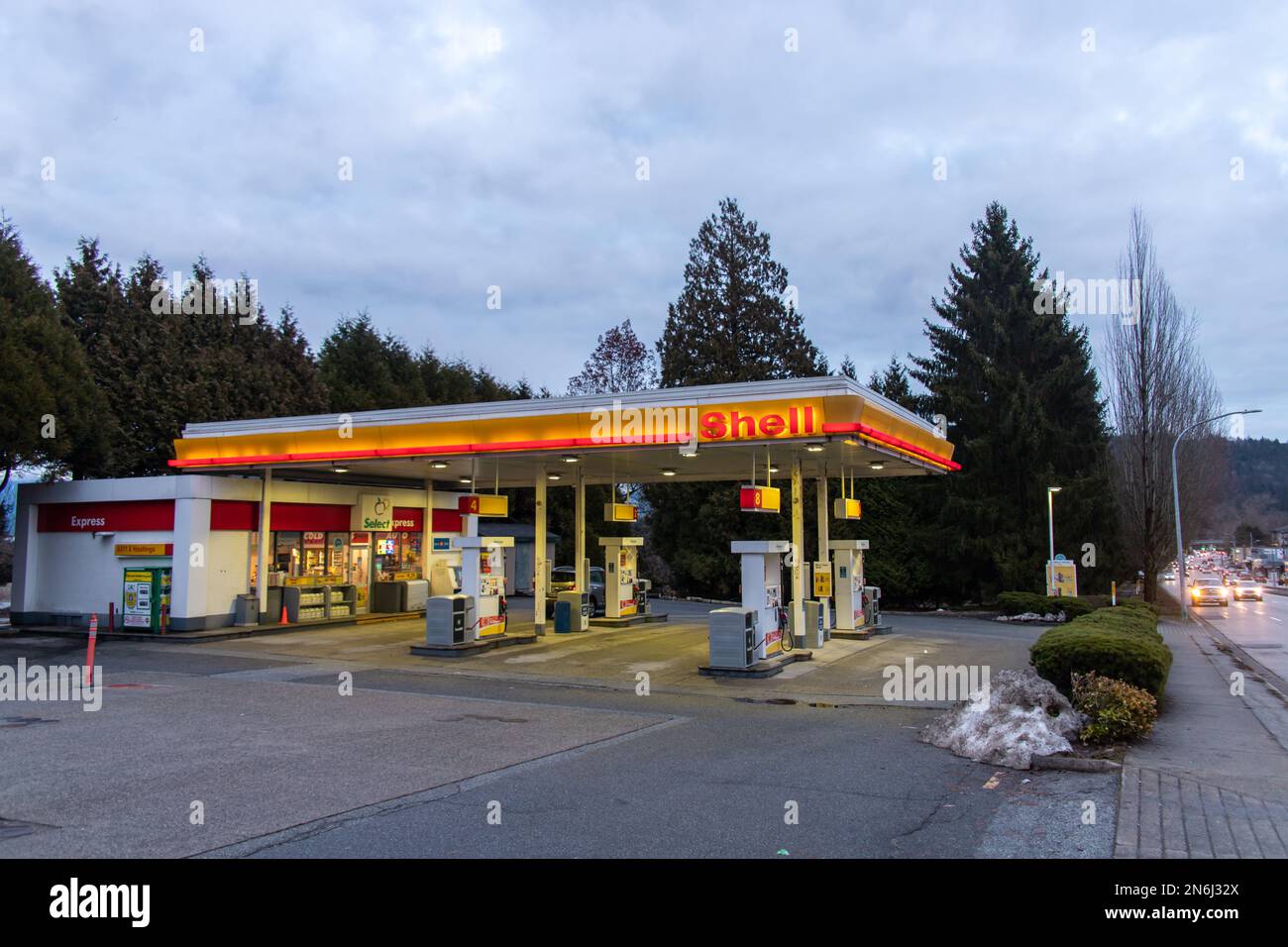 Vancouver, CANADA - Jan 1 2023 : Shell Canada Gas station. Shell Canada Limited is principal ...