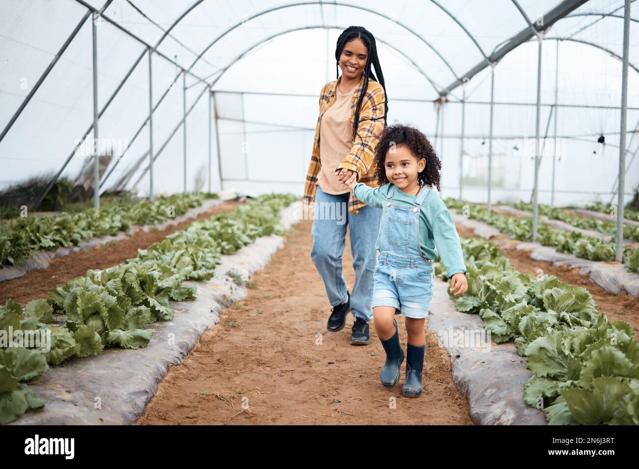 Agriculture, greenhouse and mother walking with girl for gardening ...