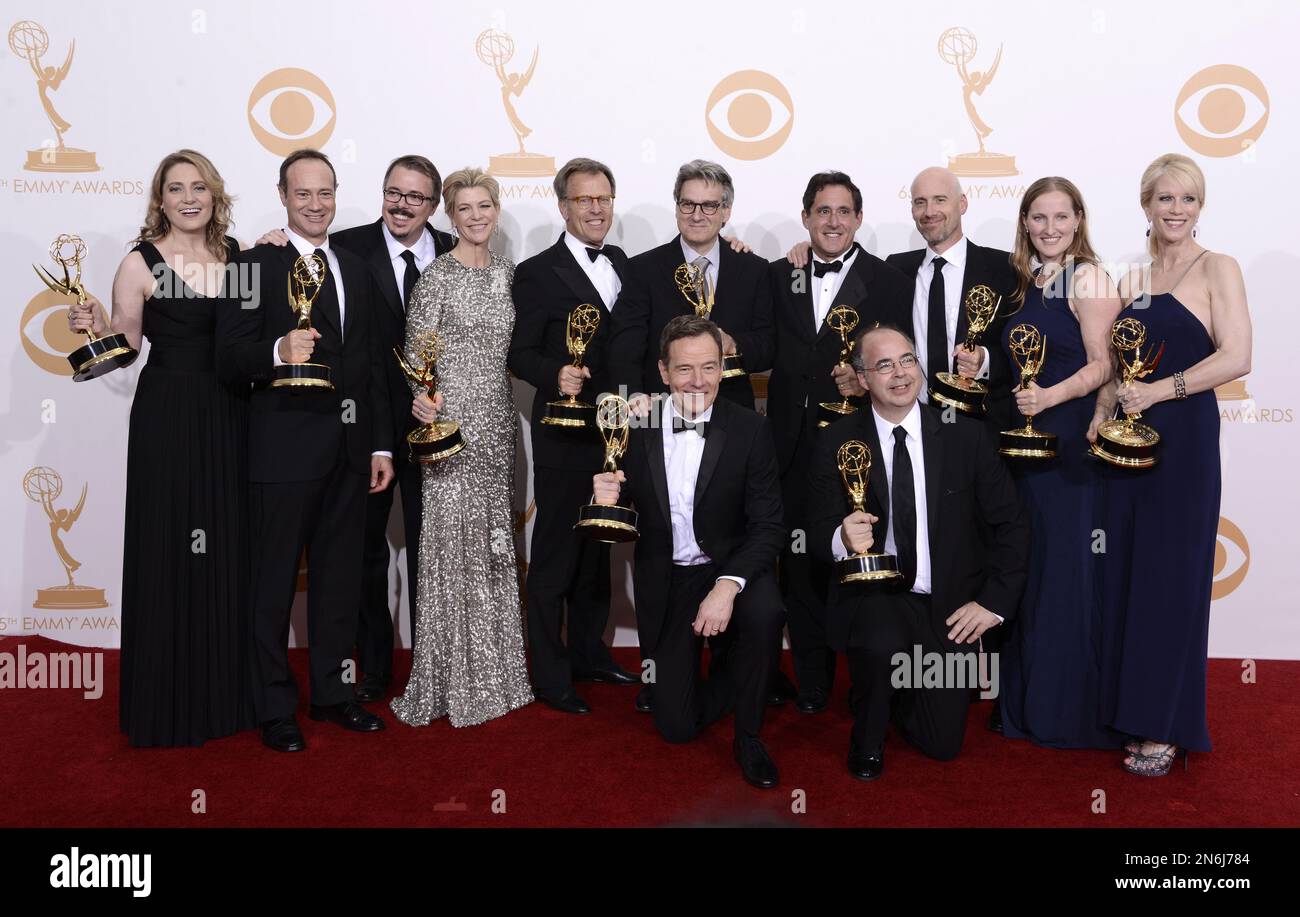 Vince Gilligan (3rd from L), actor Bryan Cranston (C) and producers ...