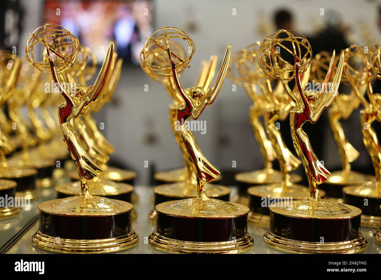 A general view at the trophy table at the 65th Primetime Emmy Awards at ...