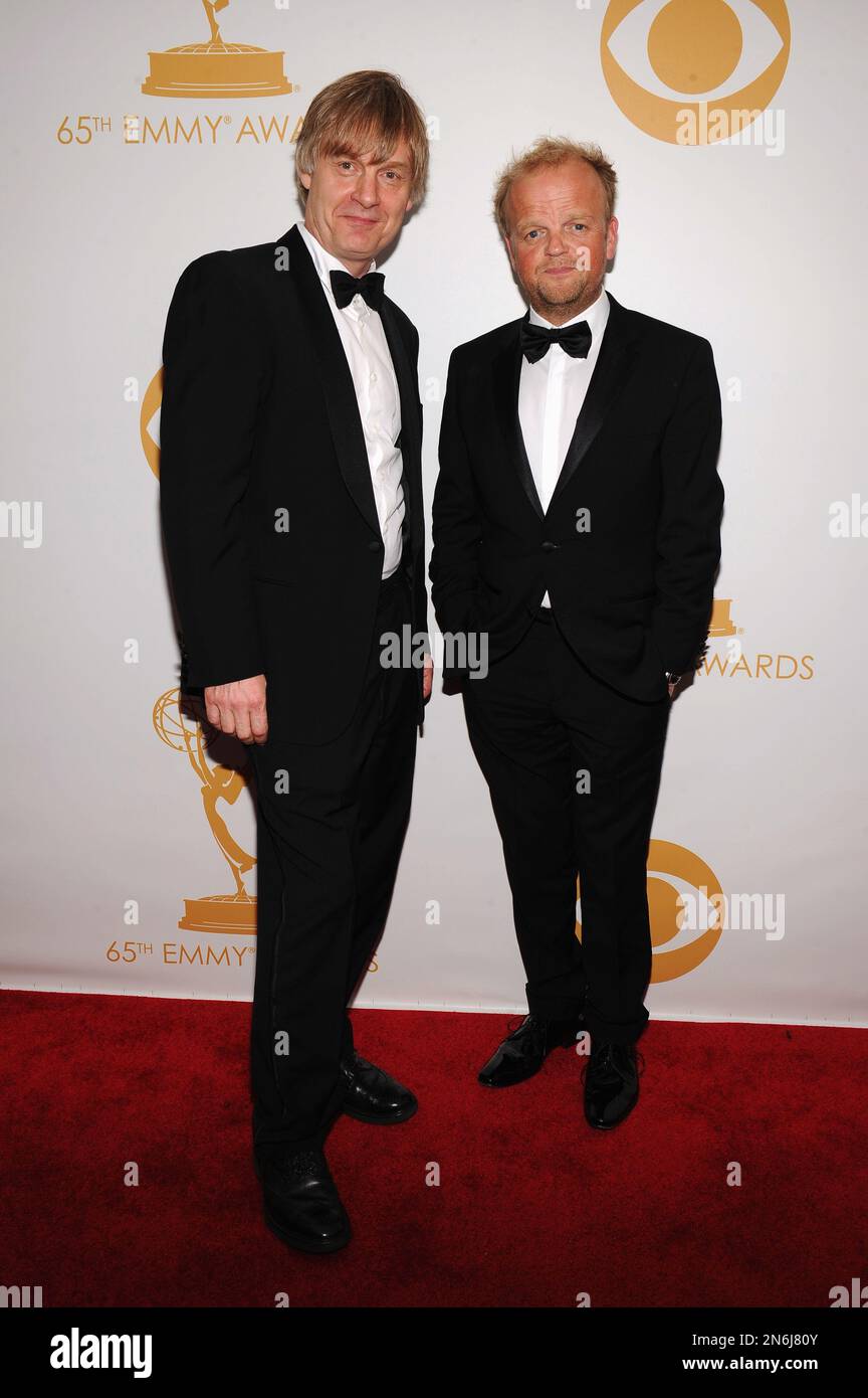Julian Jarrold, left, and Toby Jones arrive at the 65th Primetime Emmy ...