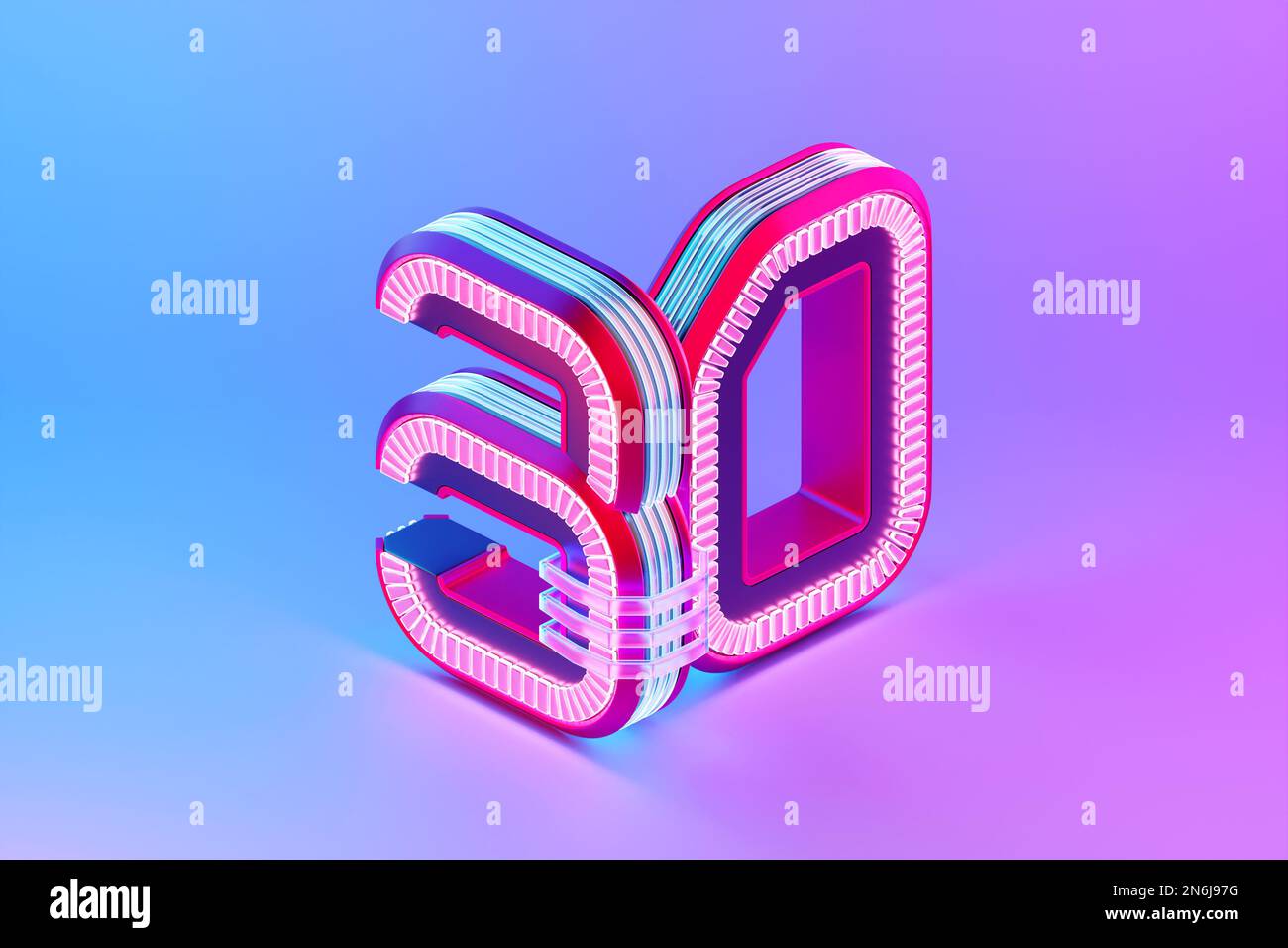 3D illustration, Number 30 thirty over c neon lights on pink background ...