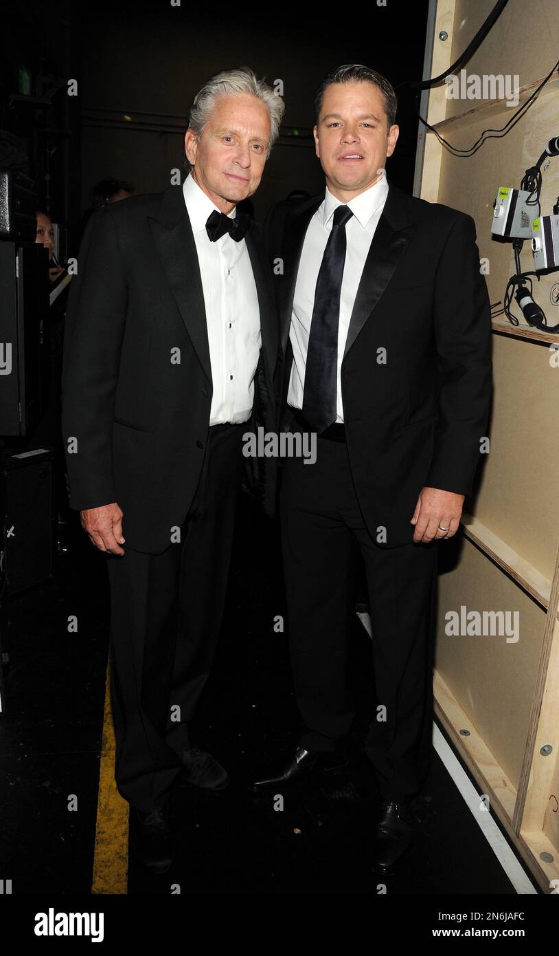 Michael Douglas and Matt Damon backstage at the 65th Primetime Emmy ...