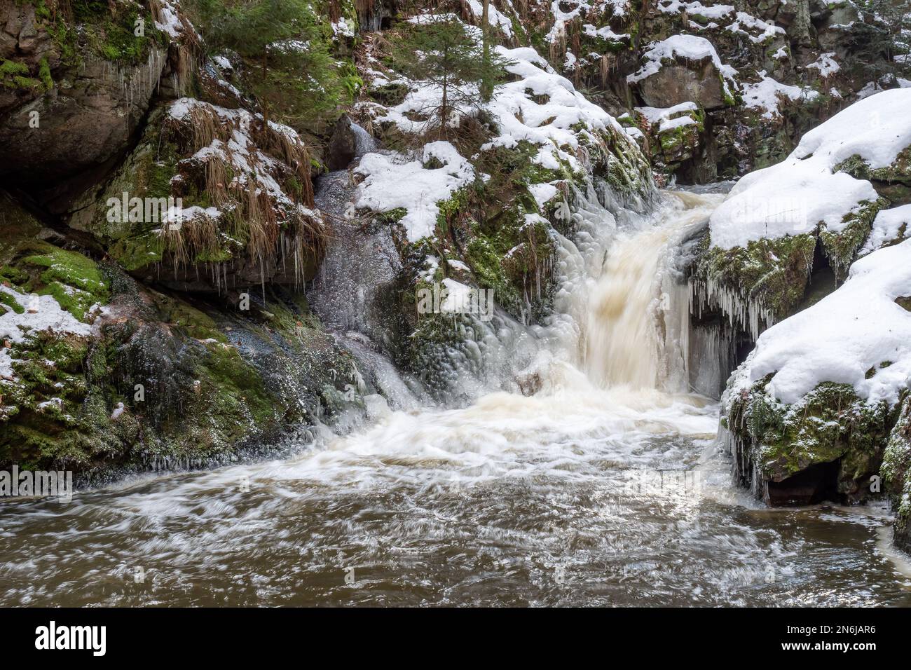 Spring thaw. Water rapids in the spring season when ice and snow melt ...