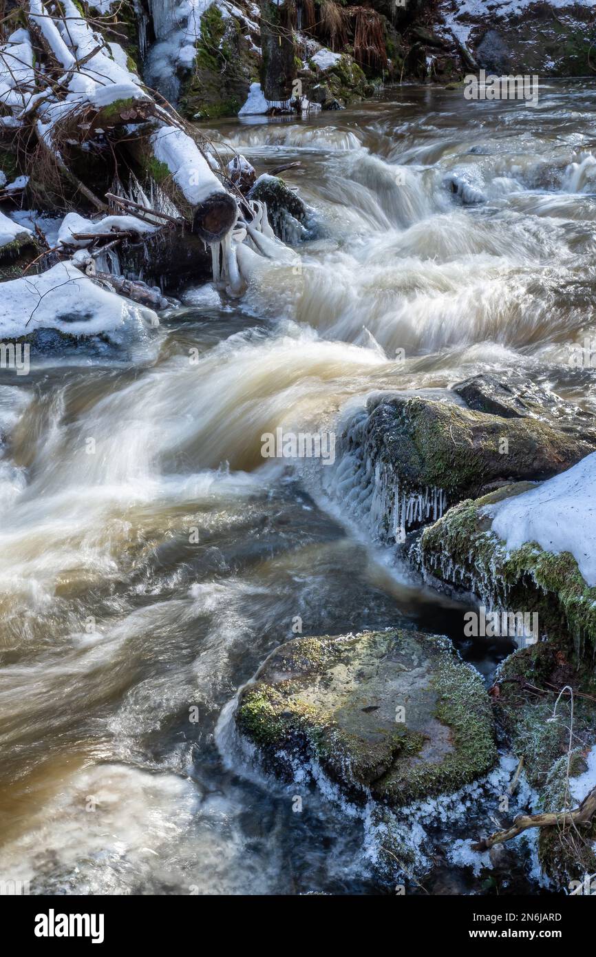 Spring thaw. Water rapids in the spring season when ice and snow melt ...