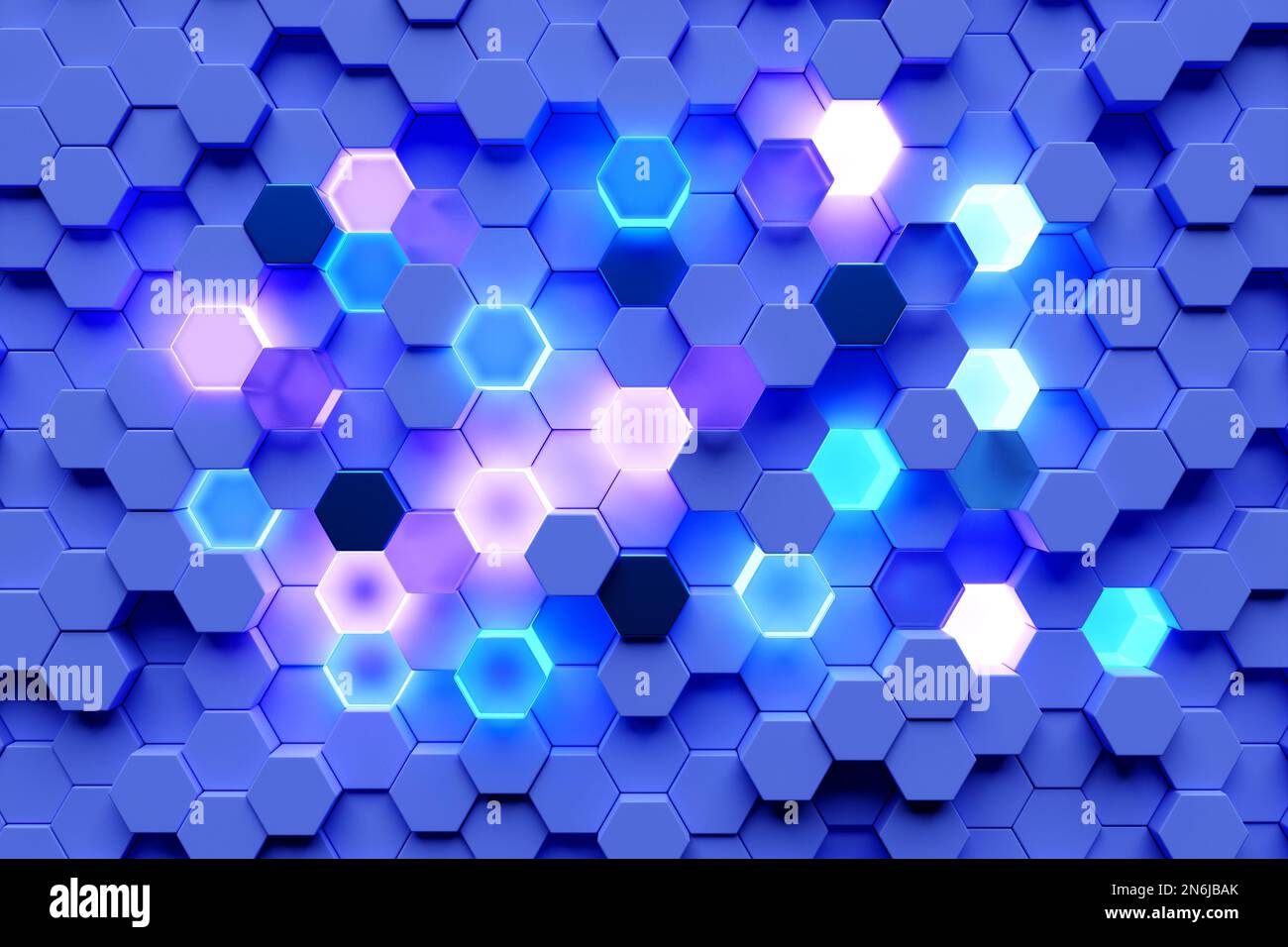 Abstract hexagonal background with depth of field effect, 3d illustration. A large number of ...