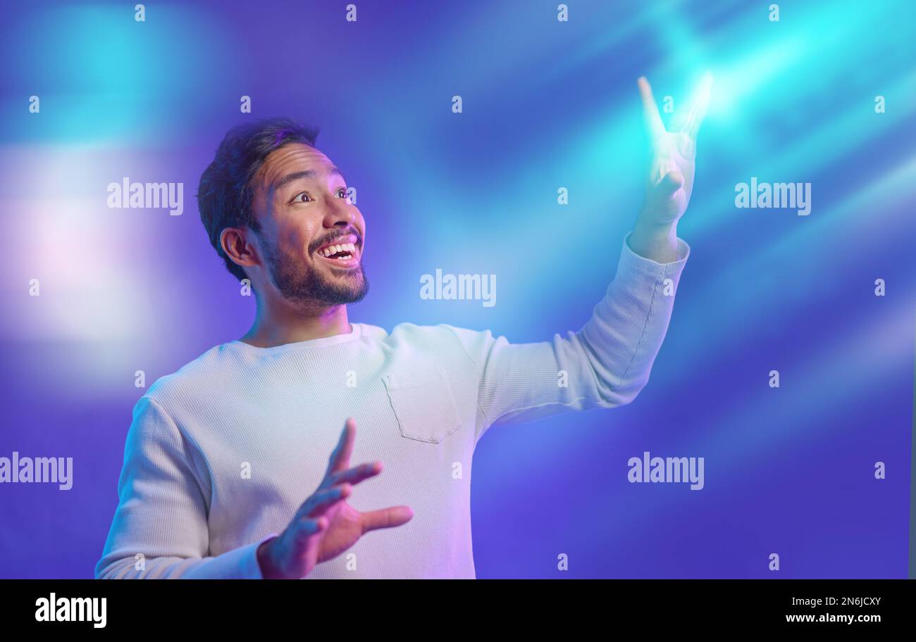 Futuristic, neon metaverse and man isolated on purple background gaming ...