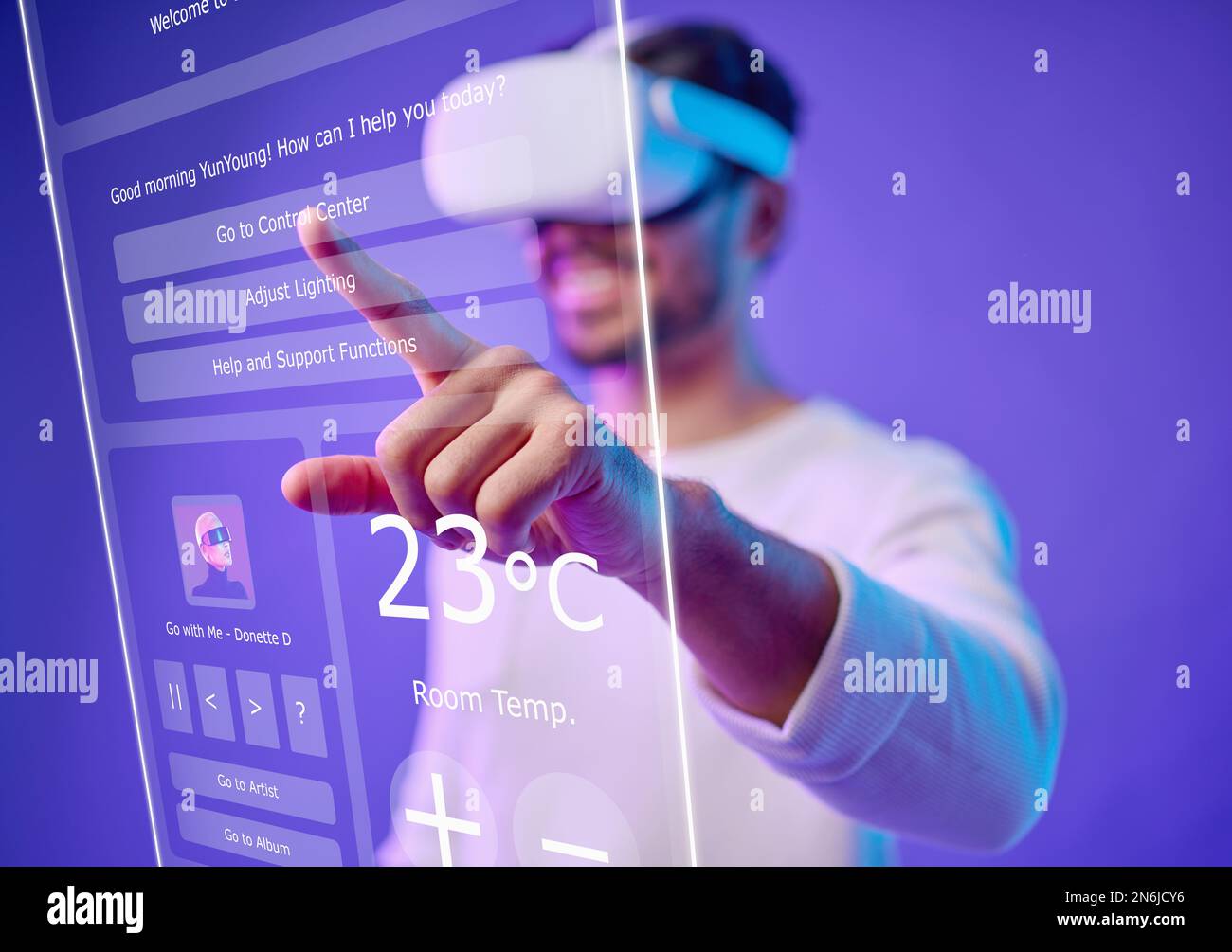 Future, overlay or man typing in metaverse on purple background ...
