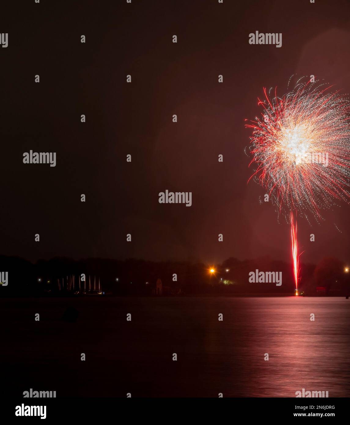 A beautiful colorful firework over sea at night, dark sky background ...