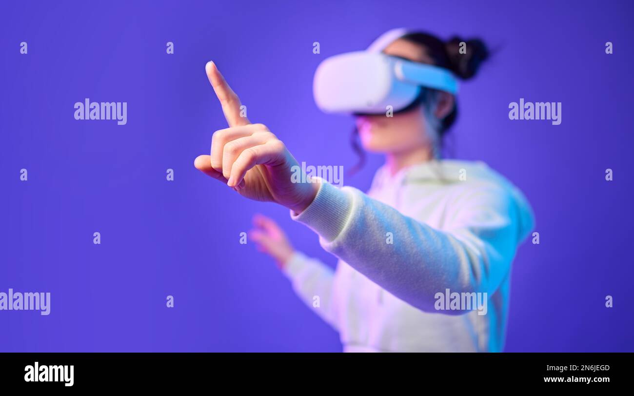 Woman hand for metaverse, virtual reality glasses and gaming for ...