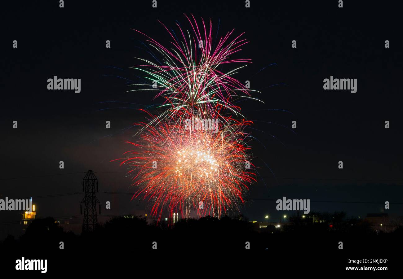 A beautiful colorful firework over sea at night, dark sky background ...