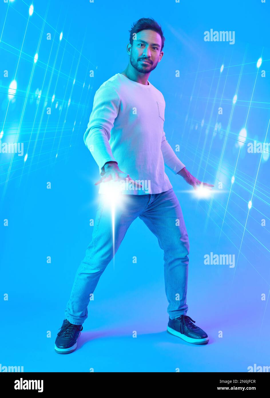 Hologram, metaverse and portrait of a man in a studio with a cyber ...