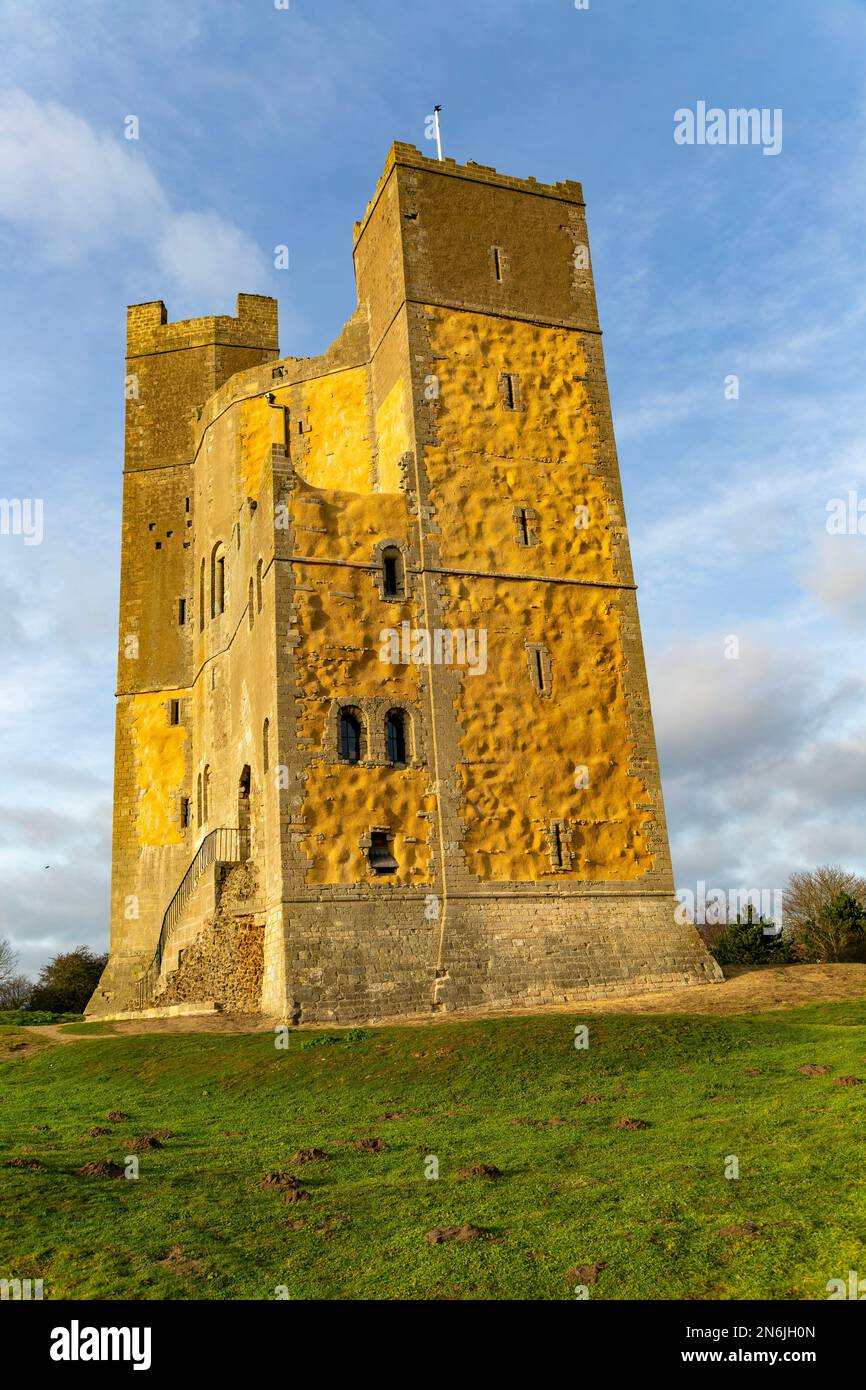 Yellow rendering on stonework conservation project, Orford Castle ...