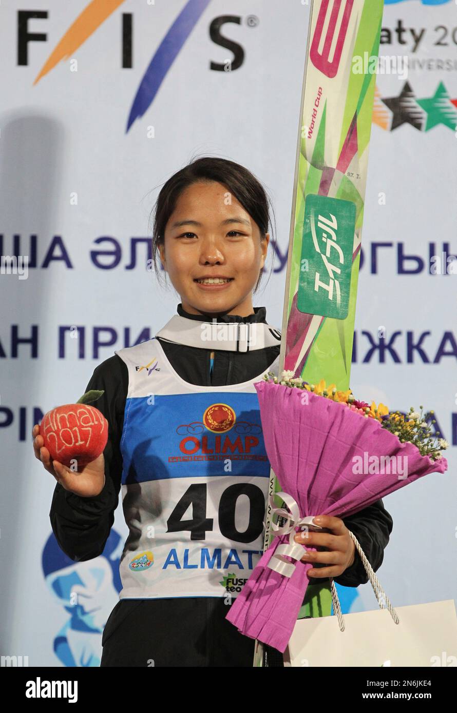 Japan s Sara Takanashi holds her trophy after the Summer Ski Jumping Grand Prix in Almaty Kazakhstan Sunday Sept. 22 2013. Japanese schoolgirl Sara Takanashi signed off in style with victory in the