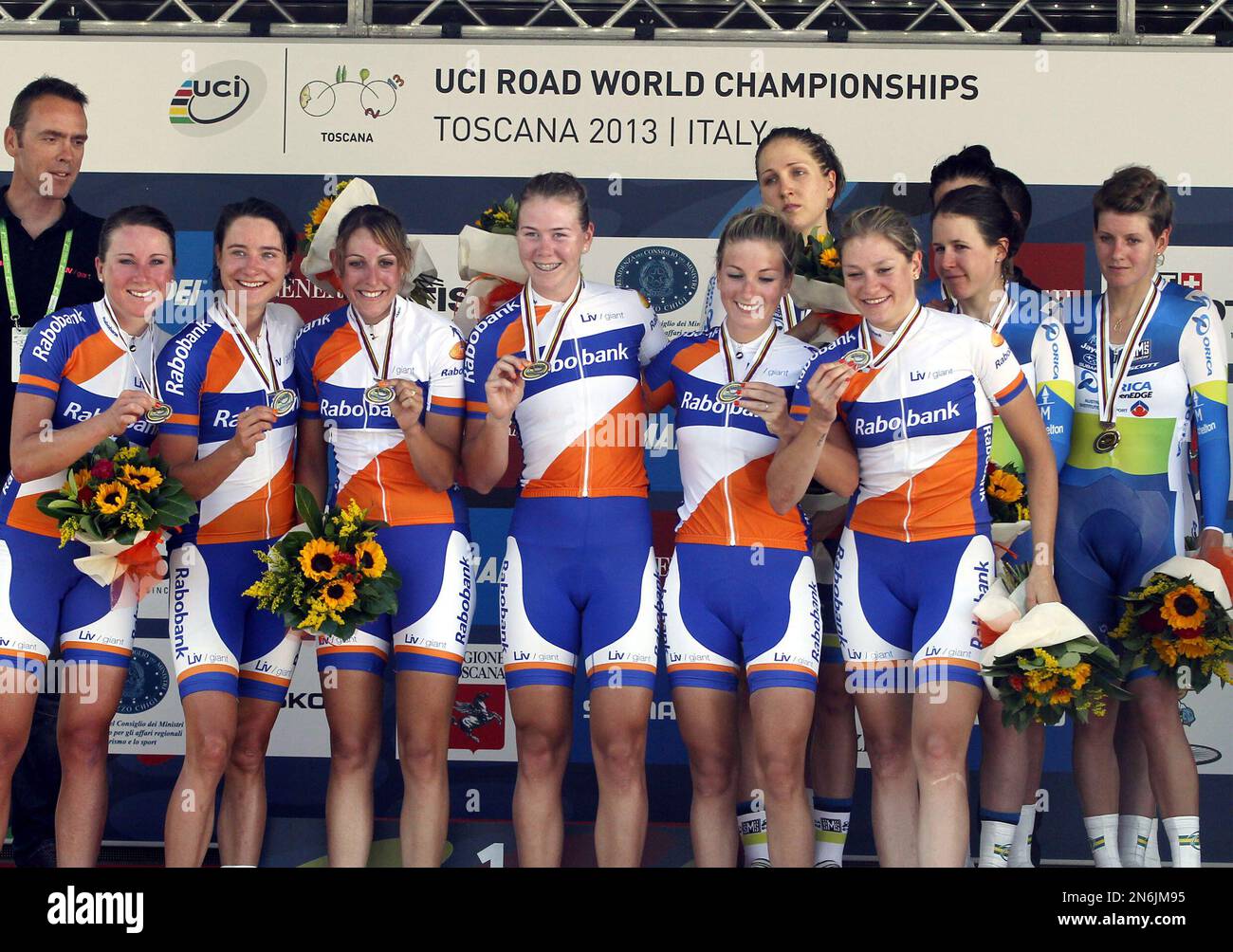 The Dutch team Rabo celebrates after winning the silver medal women's ...