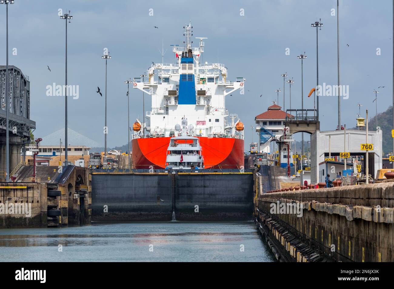 The Mirasoulx, an LPG tanker ship, is lifted in the Miraflores Locks on ...