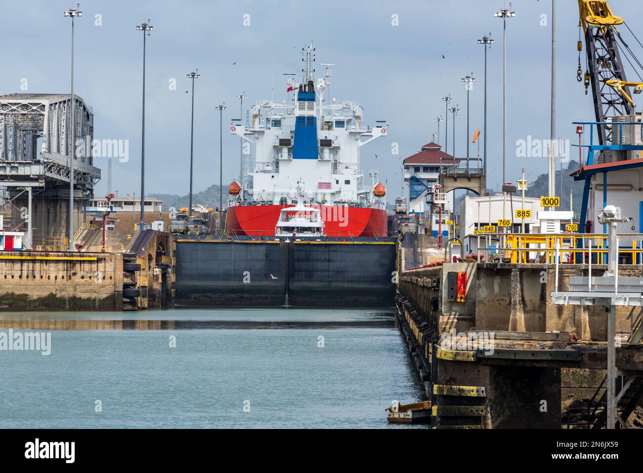 The Mirasoulx, an LPG tanker ship, is lifted in the Miraflores Locks on ...