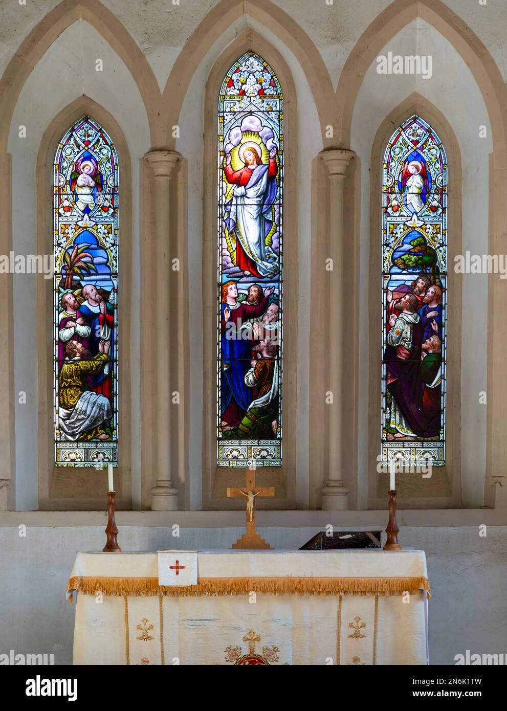 Altar and stained glass window in church, Shottisham, Suffolk, England ...