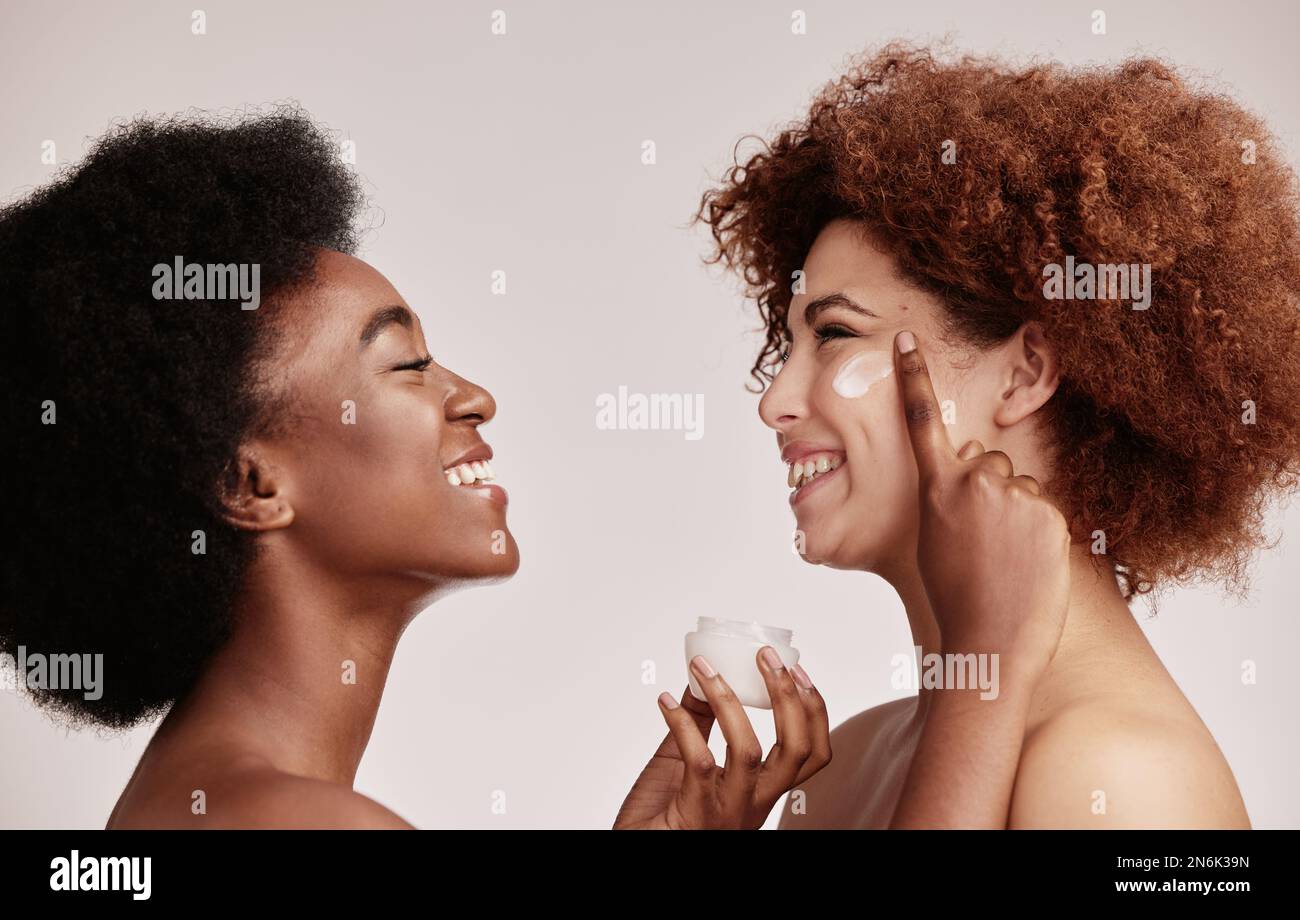 Cream, face product and women smile with diversity and happiness for ...