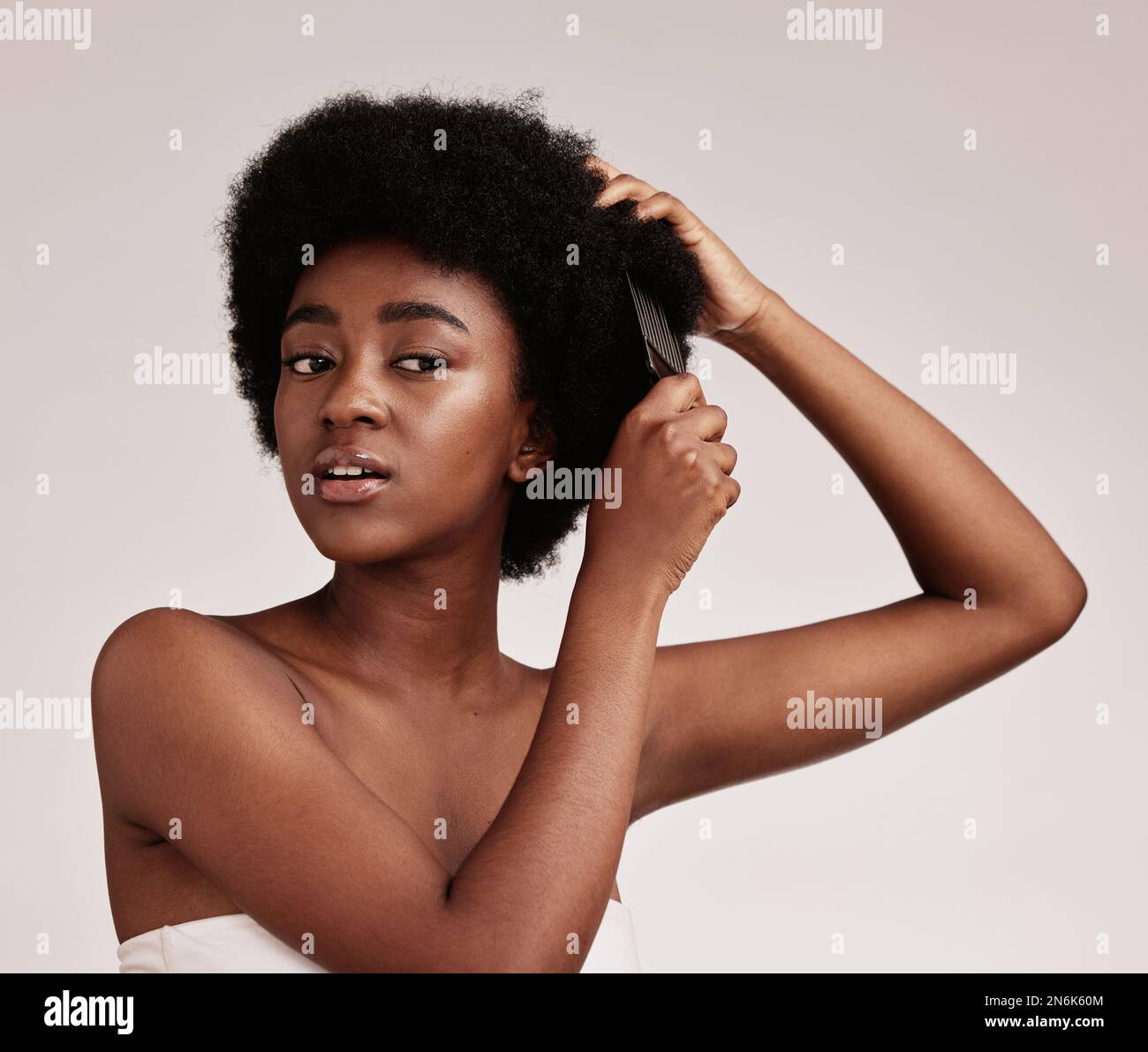 Afro hair comb, black woman and face of a model with care, salon and ...