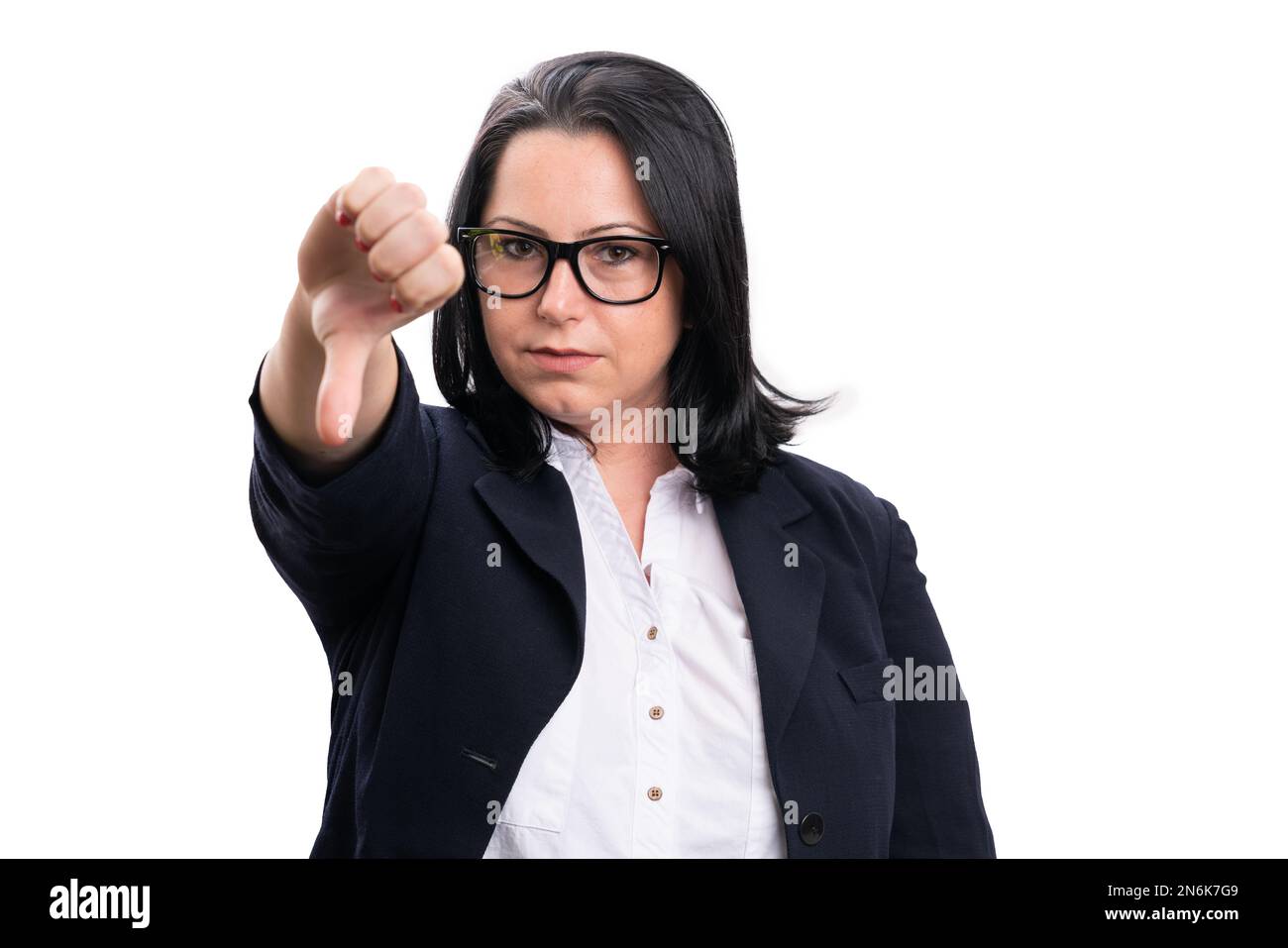 Corporate adult female model businesswoman making dislike gesture using ...
