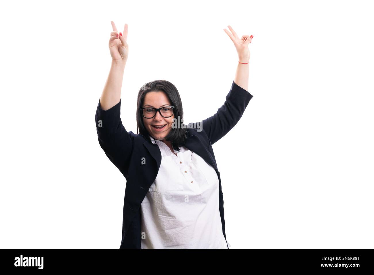 Woman making peace sign hands hi-res stock photography and images - Alamy