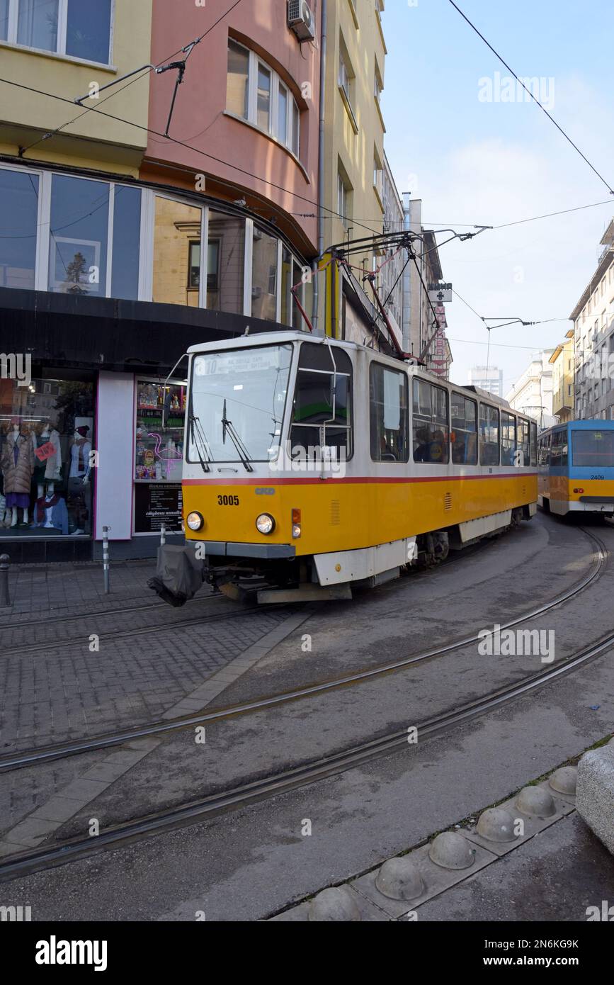 Tatra T6A5 tram built in Czechoslovakia, operating in the capital city ...