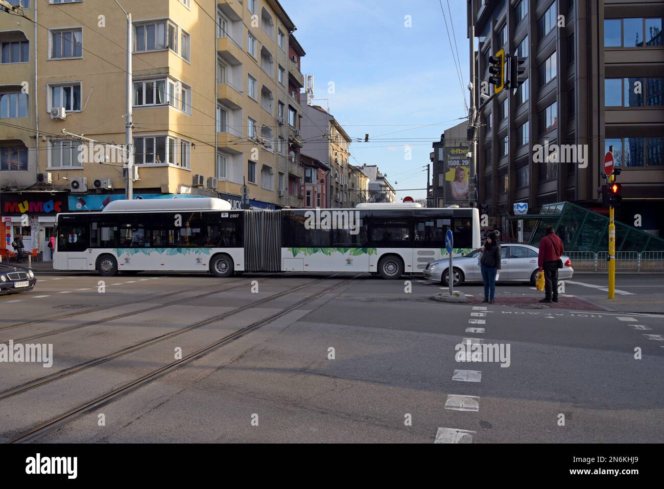 A CNG Compressed Natural Gas bus operating in Sofia city, Bulgaria. The ...