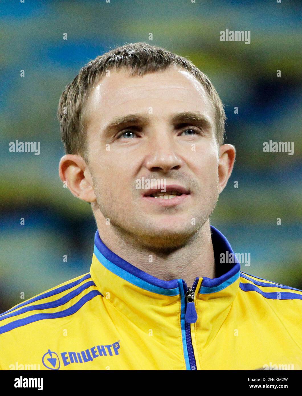 Ukraine's Oleksandr Kucher stands during the playing of his country's ...