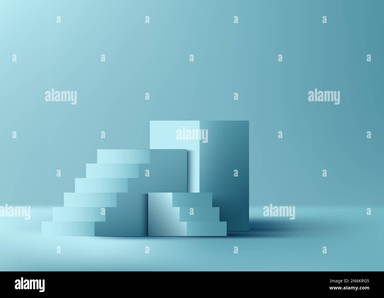 3D realistic studio room blue cube podium stand with ladder steps ...