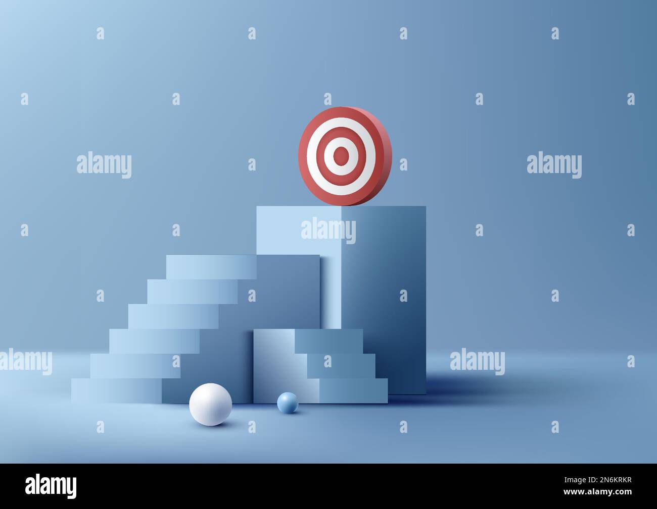 3D realistic studio room blue cube podium stand with ladder steps goal ...