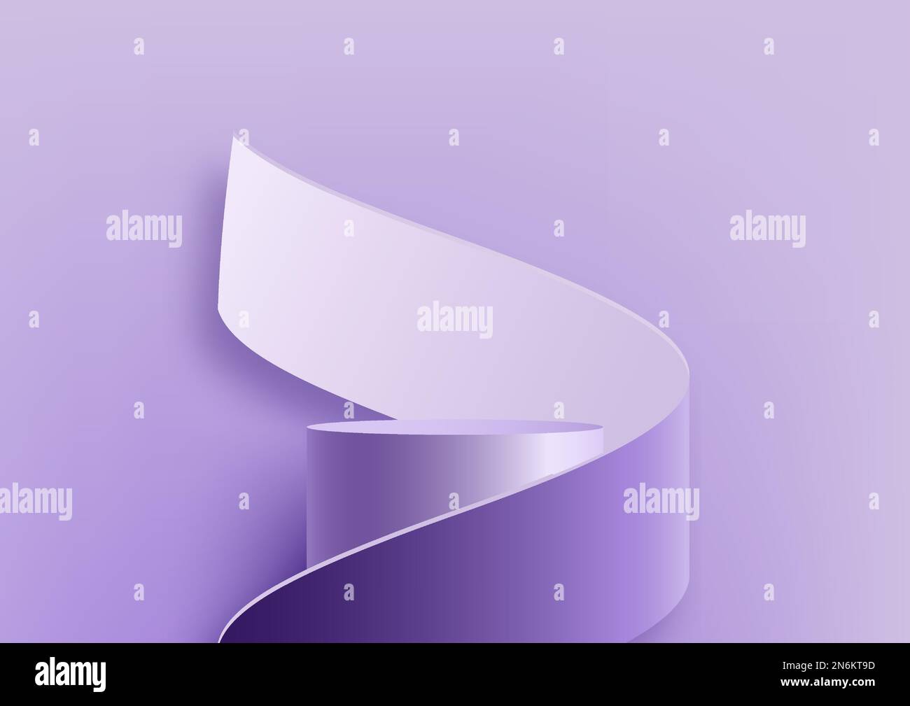 3D realistic purple cylinder podium stand with violet paper swirl flow ...