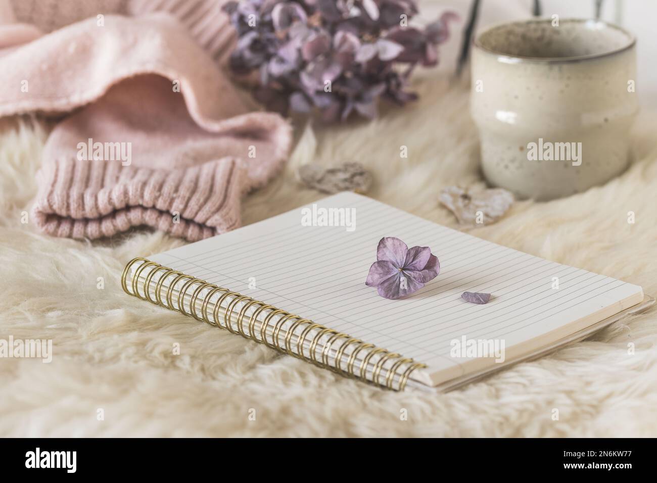 Cozy coffee break scene with notebook, cup and wool fabric, cream and ...
