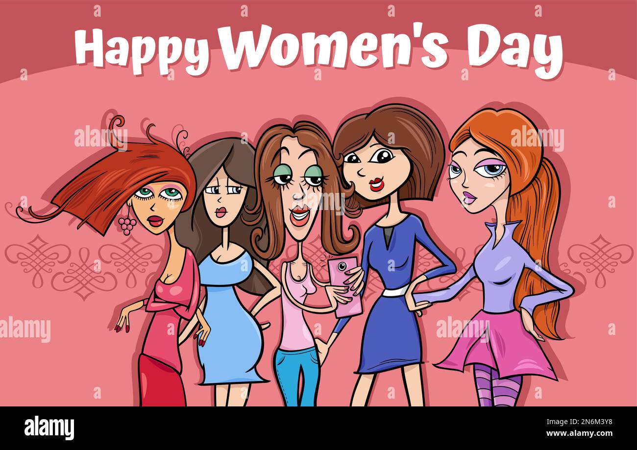 Women's Day greeting card design with cartoon women characters group ...