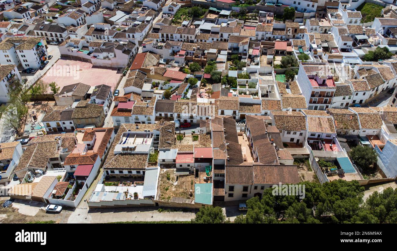 Aerial view of Antequera village with white houses (puebla blanca ...