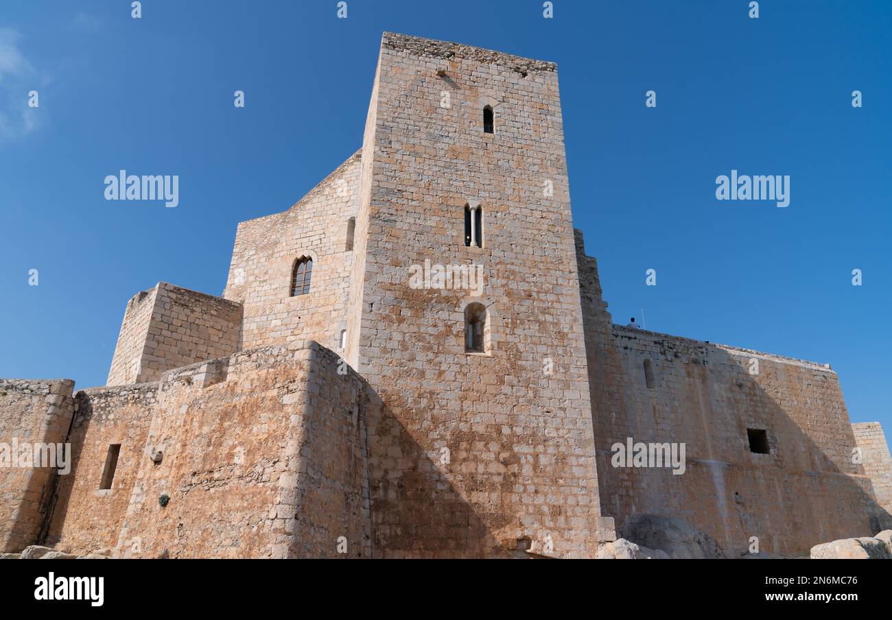 Spanish castle walls in the historic town of Peniscola Spain with blue ...