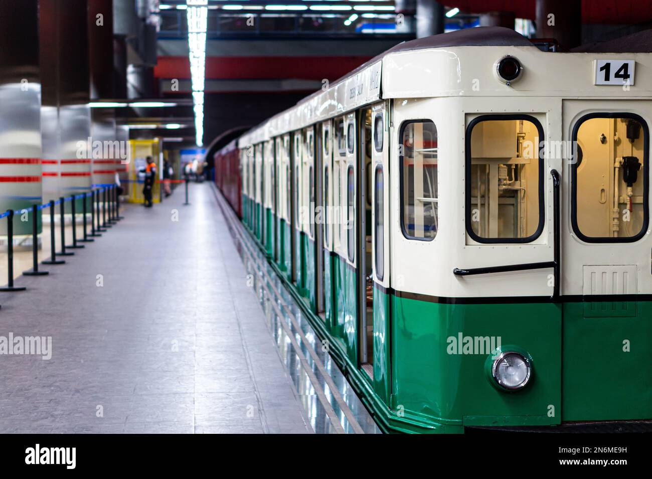 Exhibition of old subway trains of the Madrid subway, on the platforms ...