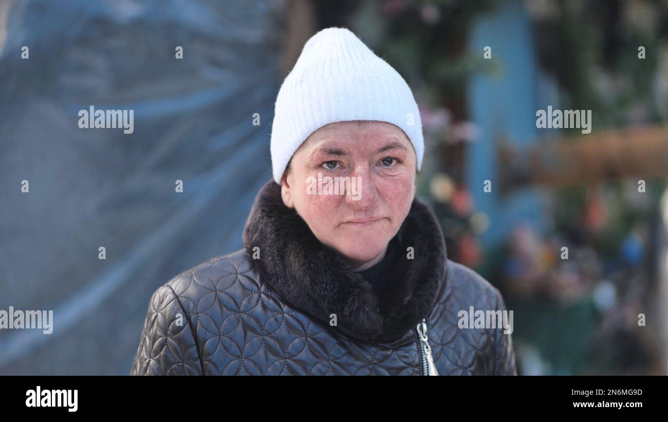Portrait of a homeless woman in winter in the woods Stock Photo - Alamy