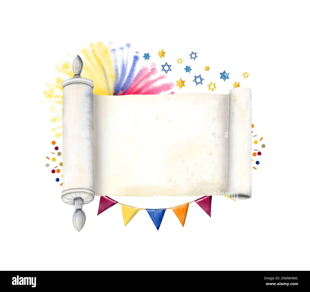 Happy Purim scroll watercolor frame, greetings template with space for ...